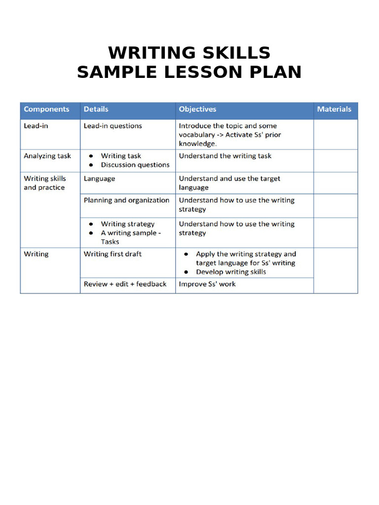 WRITING SKILLS - Sample Lesson Plan | PDF
