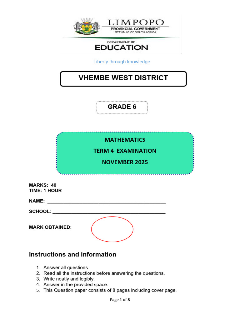 Grade 6 Mathematics Exam 2025 | PDF | Shape | Euclidean Geometry