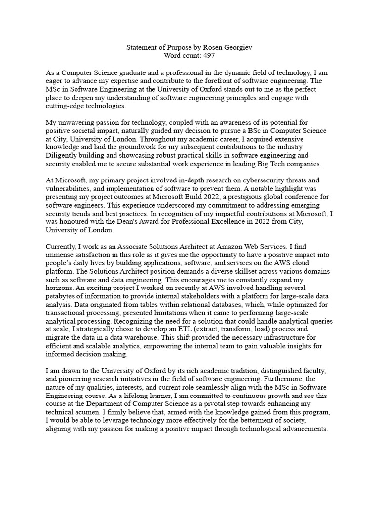 Statement of Purpose for MSc Software Engineering | PDF | Information ...