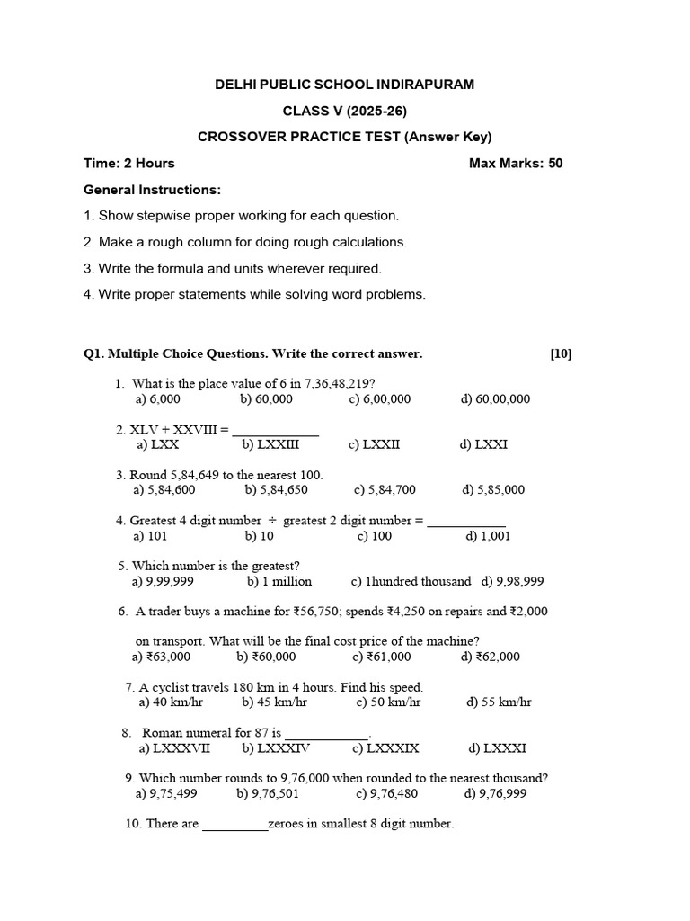 Class V Crossover Practice Test Key | PDF