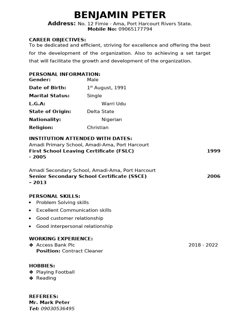 Benjamin Peter's CV and Career Goals | PDF