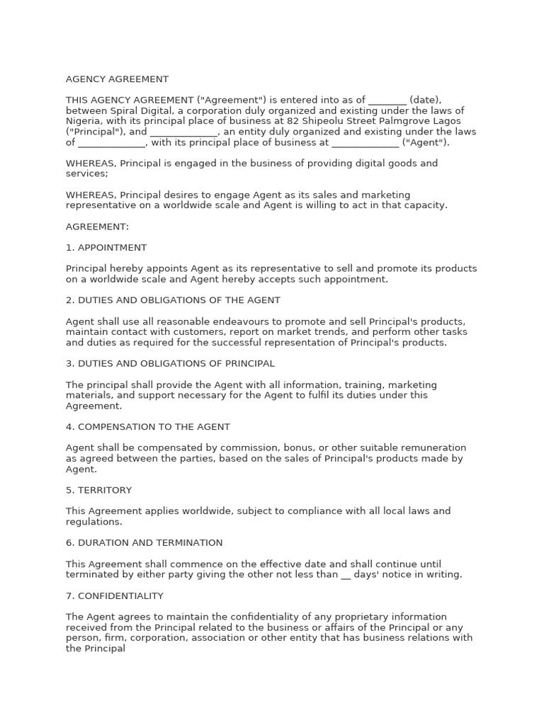 Agency Agreement | PDF | Indemnity | Business Law