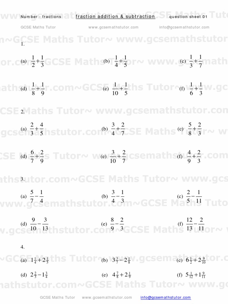 Fraction Addition & Subtraction Worksheet From GCSE Maths Tutor | PDF ...