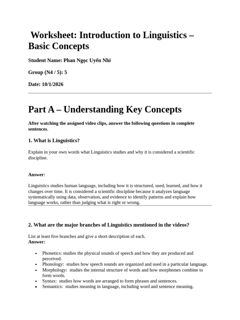 Introduction to Linguistics Worksheet | PDF | Linguistics | Word