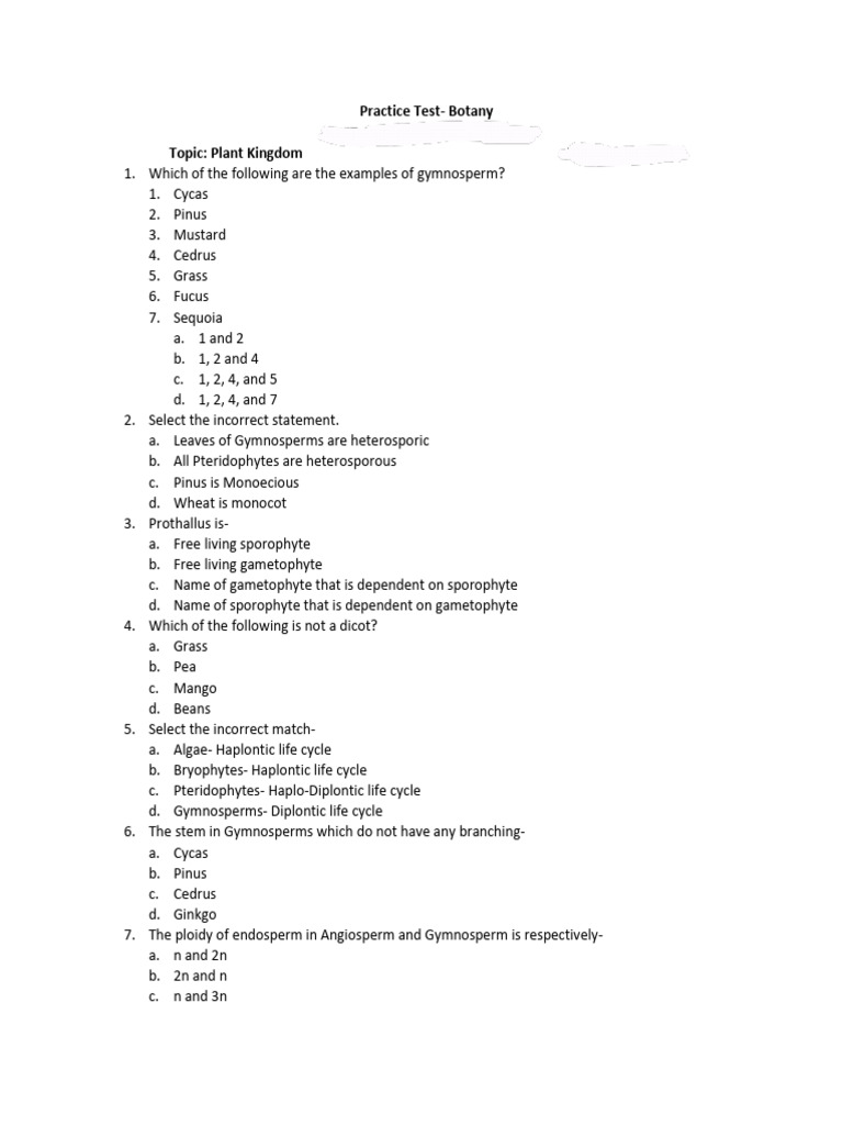 NEET Botany Practice Test on Plant Kingdom | PDF | Moss | Botany