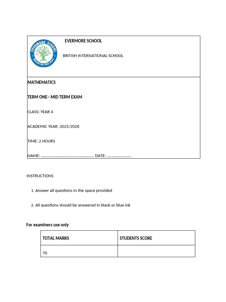 Year 4 Mathematics Mid-Term Exam | PDF | Mathematics | Tests