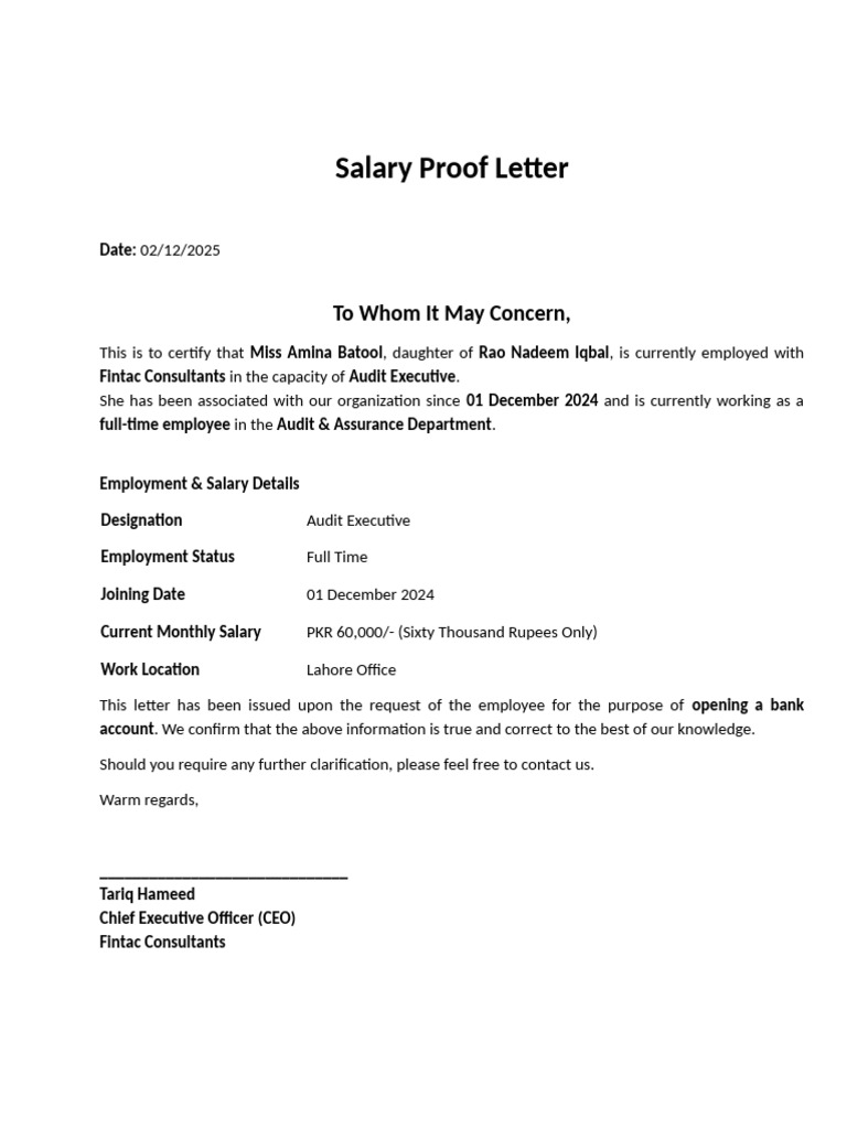 Salary Proof Letter | PDF