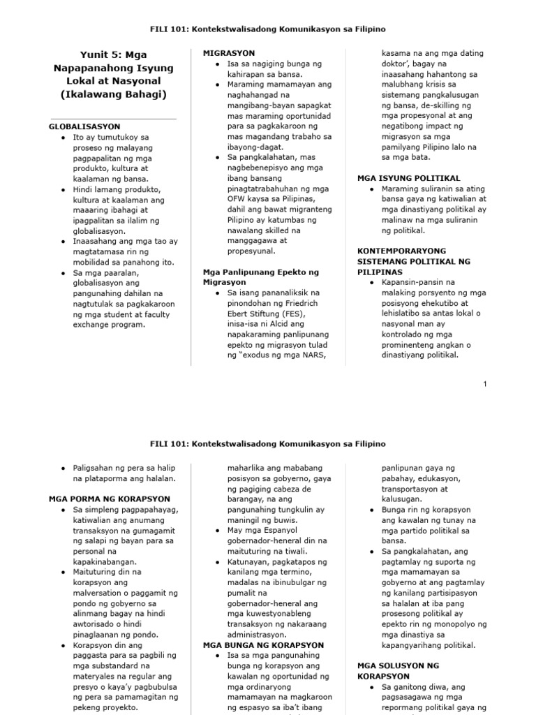 FILI 101 - Kontekstwalisadong Komunikasyon Sa Filipino | PDF