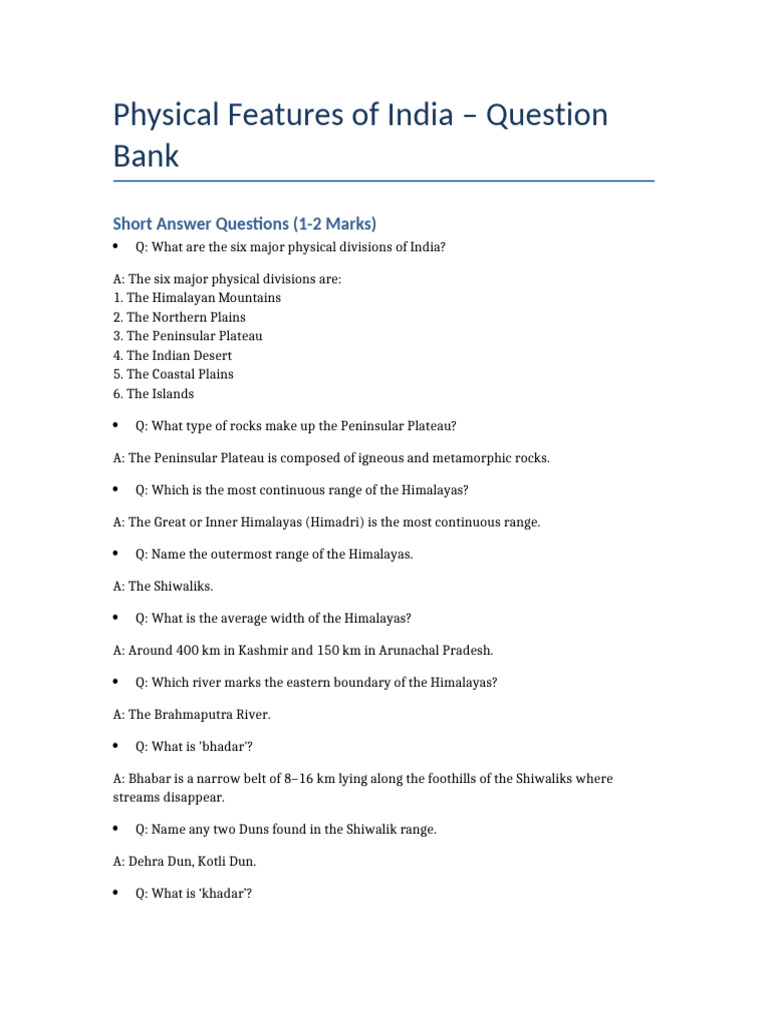 Physical Features of India: Question Bank | PDF | Himalayas ...