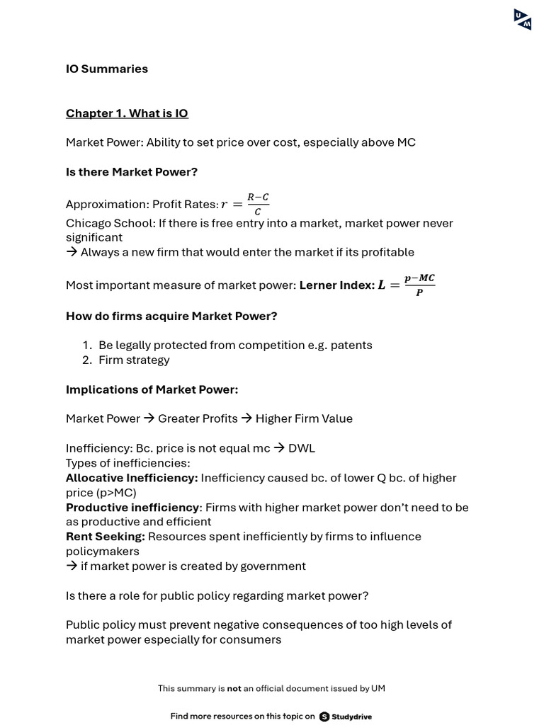 Industrial Organisation (IO) Full Summary Chapters 1 - 16 All You Need ...
