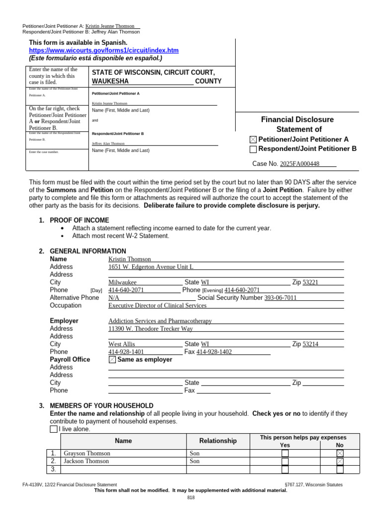 Financial Disclosure Statement - Kristin Thomson | PDF | Social ...