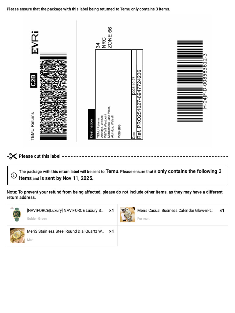 Temu Return Instructions for 3 Items | PDF