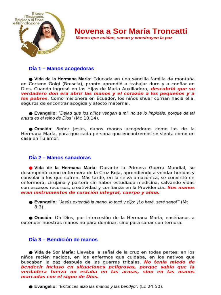 Novena a Sor María Troncatti: Manos de Paz | PDF | Oración | María ...