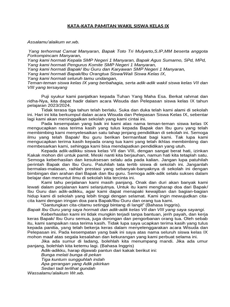 Kata Pamitan Wisuda Siswa Kelas IX | PDF