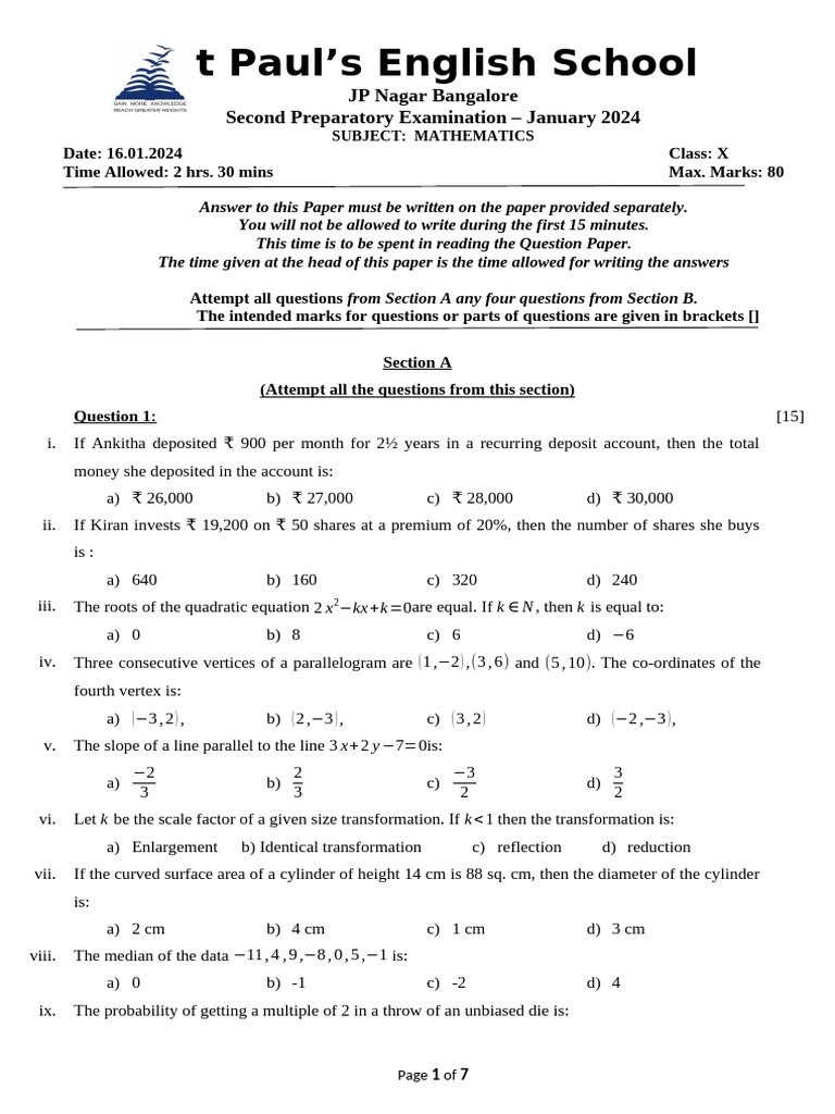 Grade 10 II Preparatory Examination Math QP | PDF | Mathematics ...