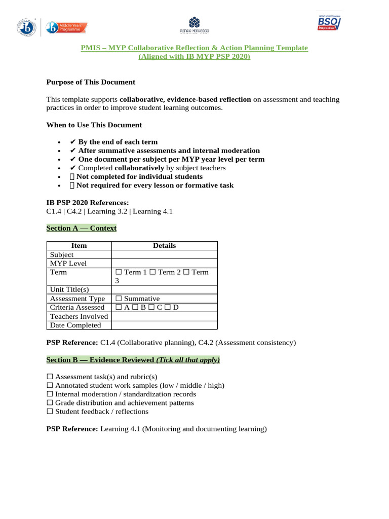 PMIS - MYP Collaborative Reflection & Action Planning Template | PDF ...