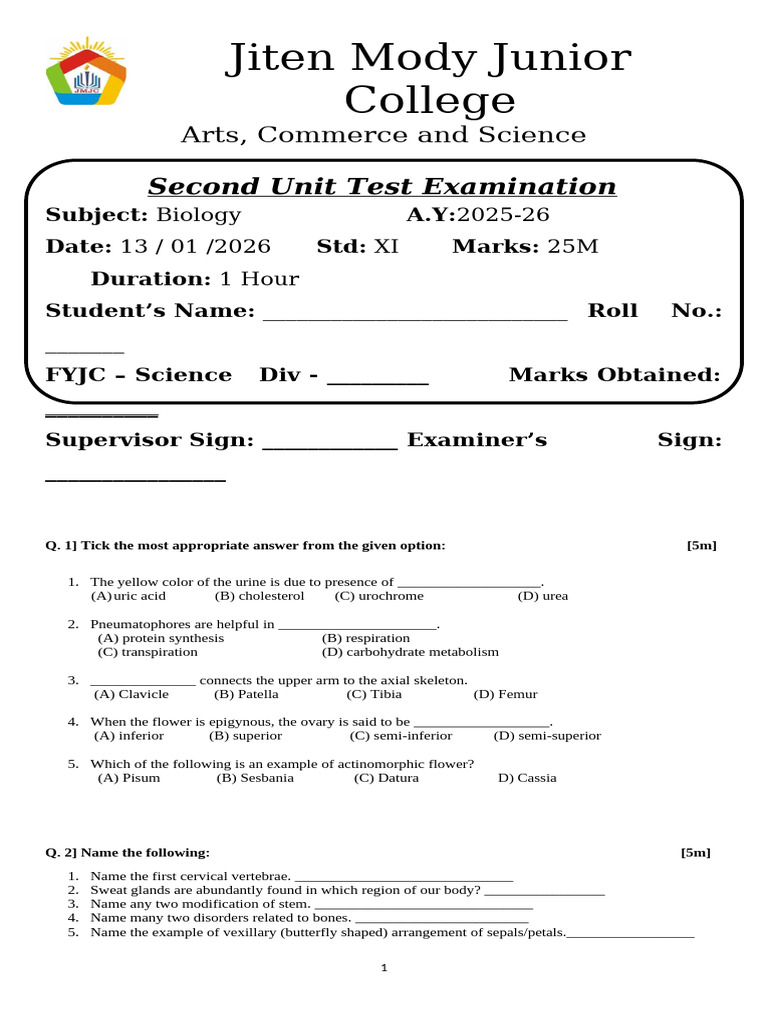 Biology Unit Test for XI Students | PDF