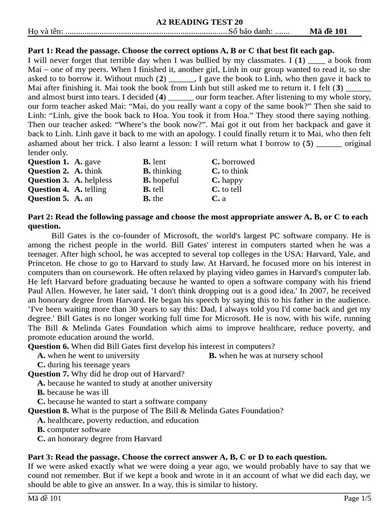 A2 Reading Test 20 Ma - de - 101 | PDF