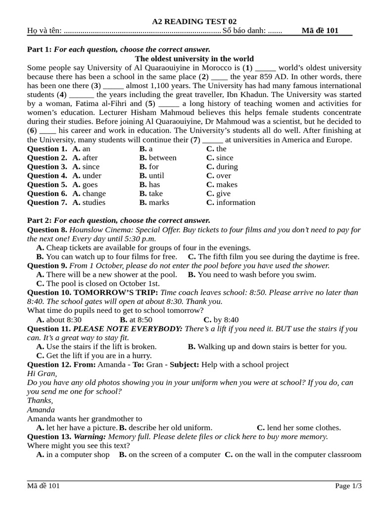 A2 Reading Test 02: Practice Questions | PDF