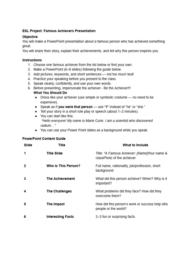 ESL Unit 11 Achievements Group Work Great Achievers (1) | PDF ...