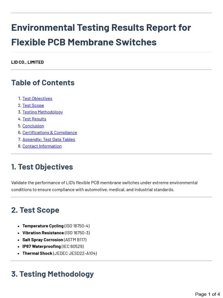 Environmental Testing Results Report For Flexible PCB Membrane Switches ...