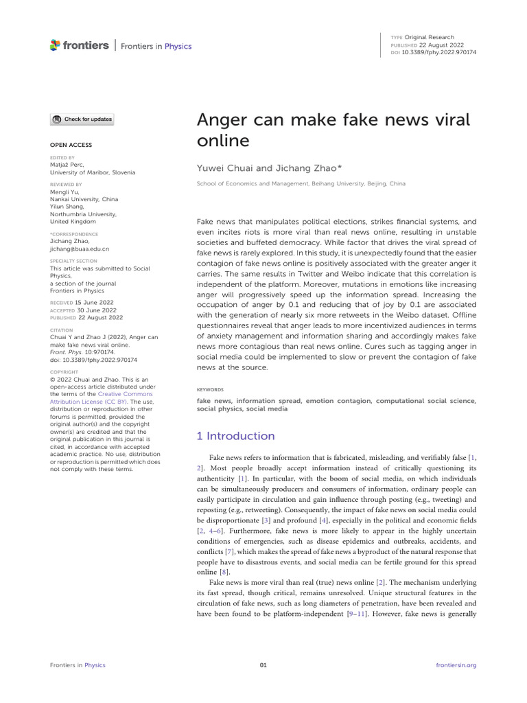 Chuai & Zhao (2022) - Anger Can Make Fake News Viral Online | PDF ...