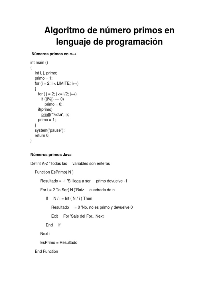 Algoritmo de Número Primos en Lenguaje de Programación | PDF | Métodos ...