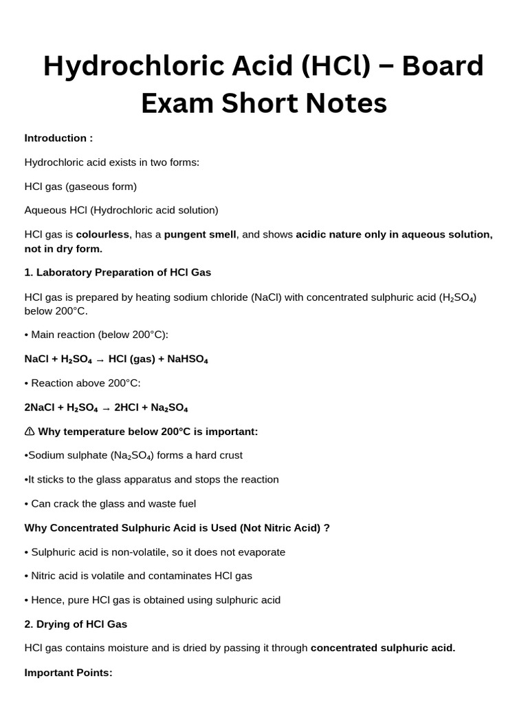Hydrochloric Acid (HCl) Exam Notes | PDF | Hydrochloric Acid | Sulfuric ...
