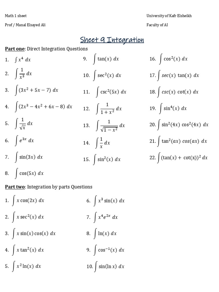 Sheet (9) Solution Integration | PDF