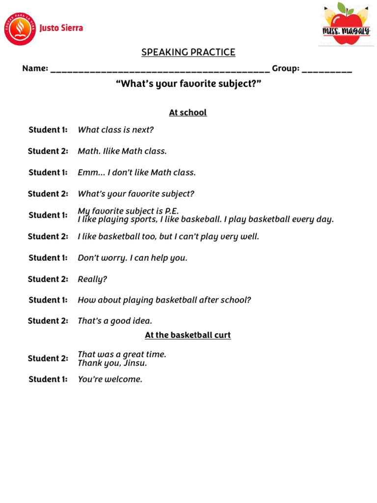 SPEAKING PRACTICE - Dialog Quiz - What's Your Favorite Subject | PDF