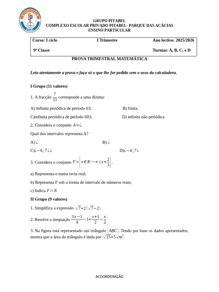 Prova de Matemática 9ª Classe 2025/2026 | PDF | Matemática | Conceitos ...