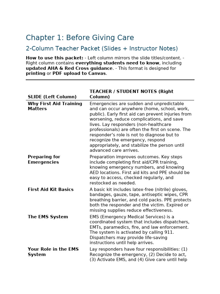 First Aid Training Teacher Packet | PDF | First Aid | Emergency Medical ...