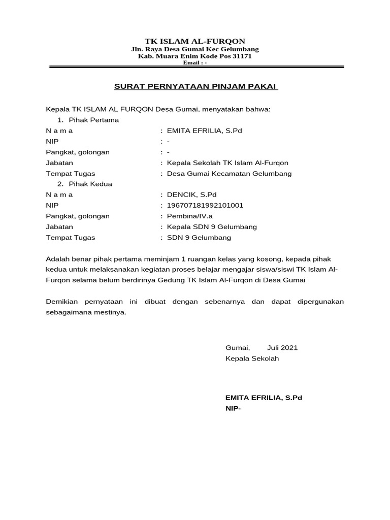 Surat Pernyataan Pinjam Ruang Kelas | PDF
