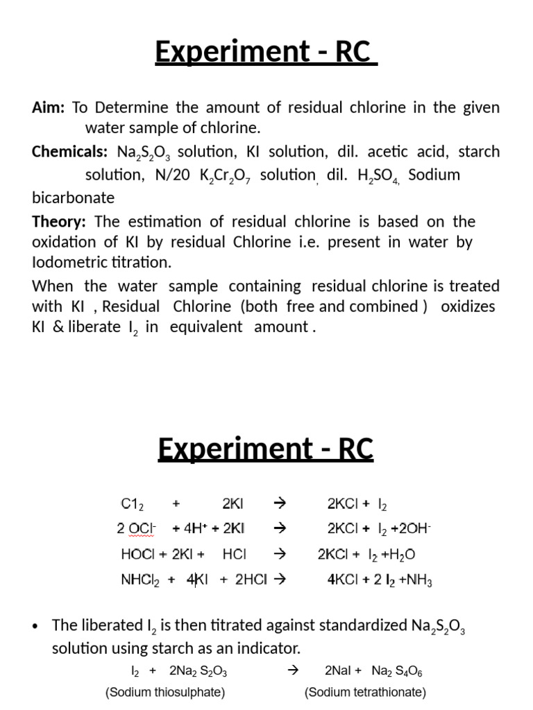 Residual Chlorine Analysis in Water | PDF | Titration | Chemistry