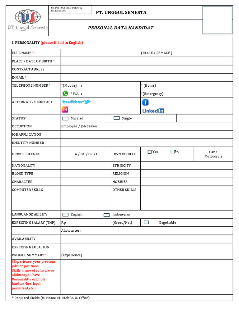 Personal Data Form for Job Candidates | PDF | Business | Labor
