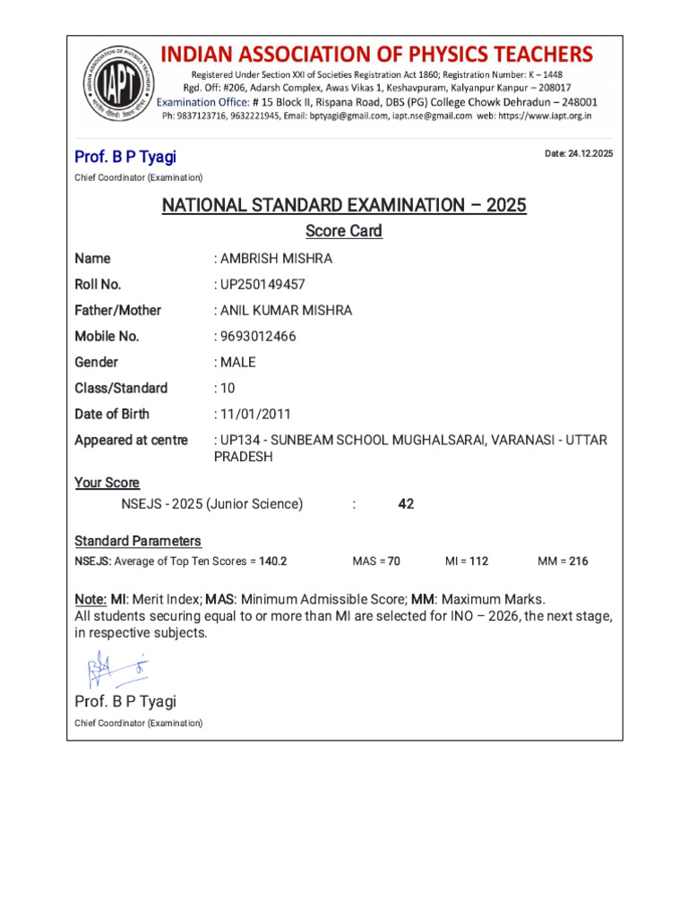 NSEJS 2025 Score Card for Ambrish Mishra | PDF