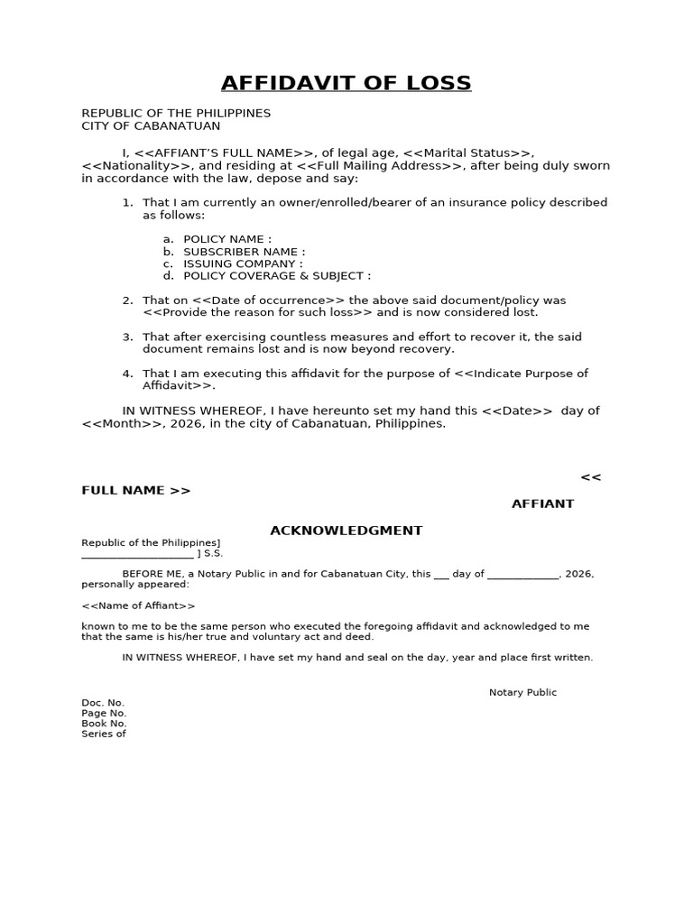 Affidavit of Loss for Insurance Policy | PDF