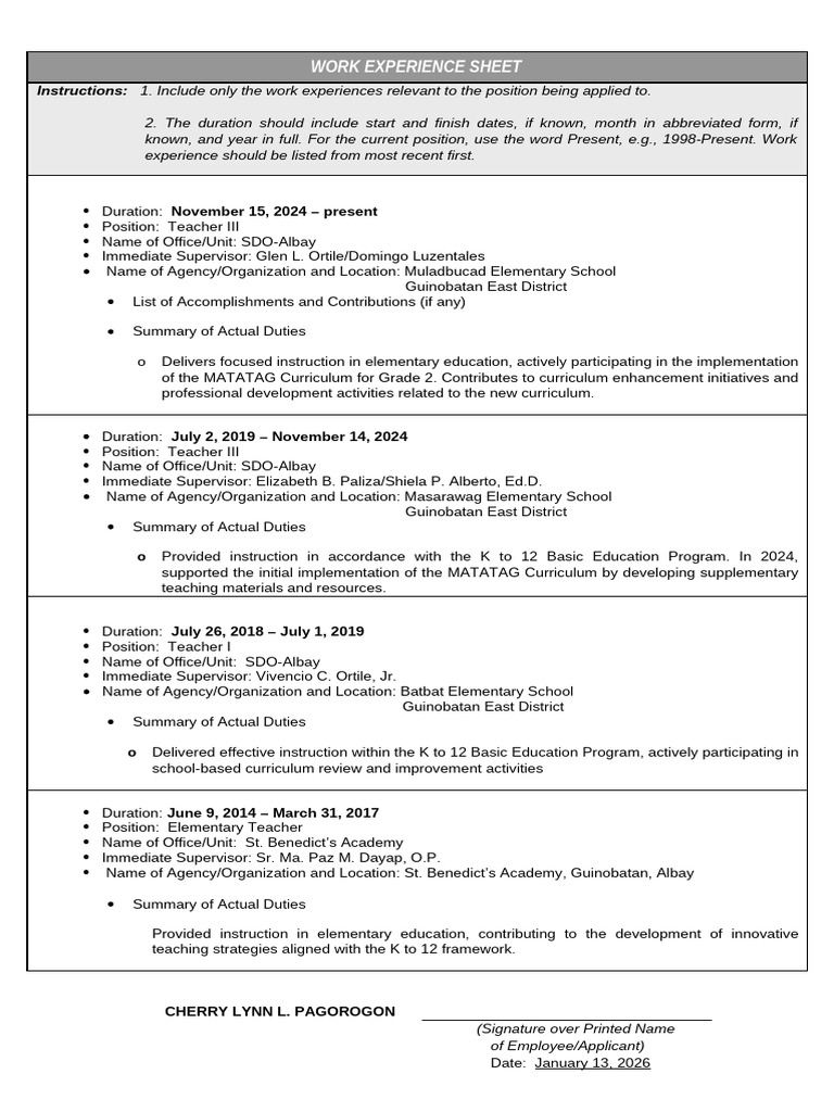 Work Experience Sheet (PAGOROGON C.) | PDF | Curriculum | Learning