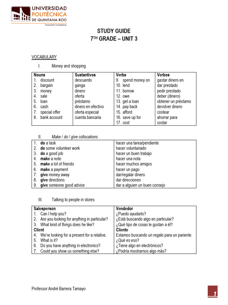 Guía de Estudio 7° Grado: Dinero y Compras | PDF | Semántica | Mecánica ...