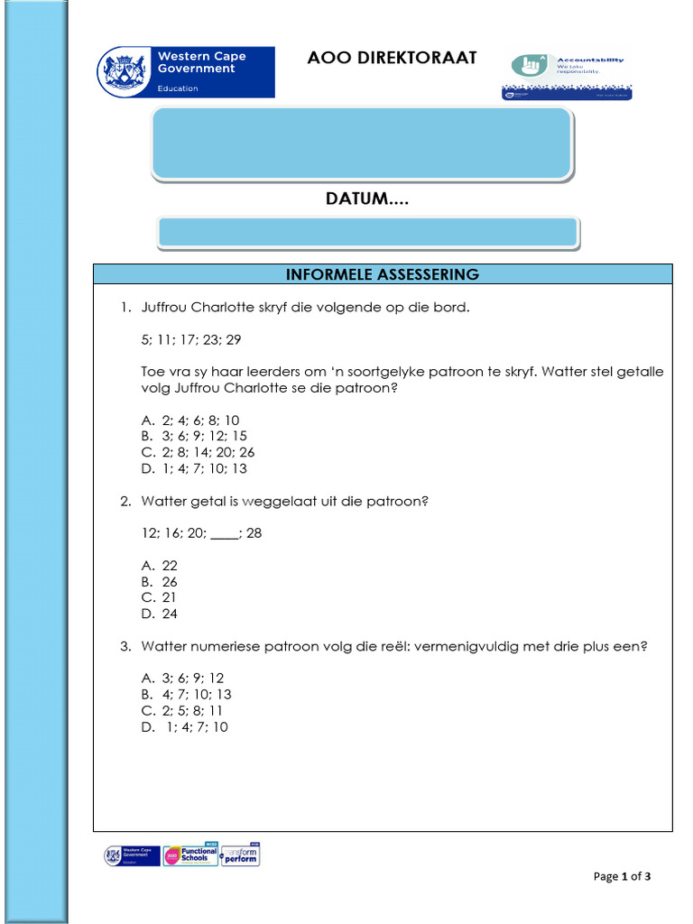 Gr. 4 Informele Assessering (Numeriese Patrone) K3 W3 | PDF