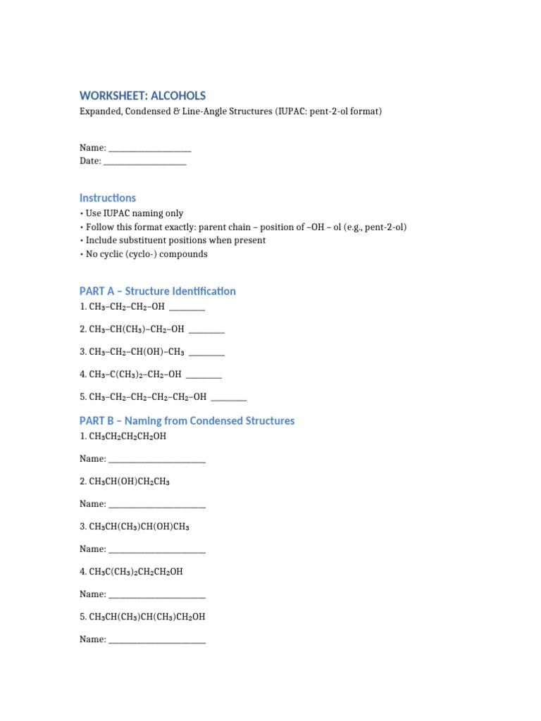 Alcohol Structures and Naming Worksheet | PDF