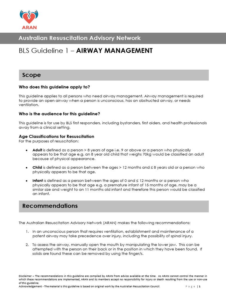 BLS Airway Management Guidelines | PDF | Cardiopulmonary Resuscitation ...