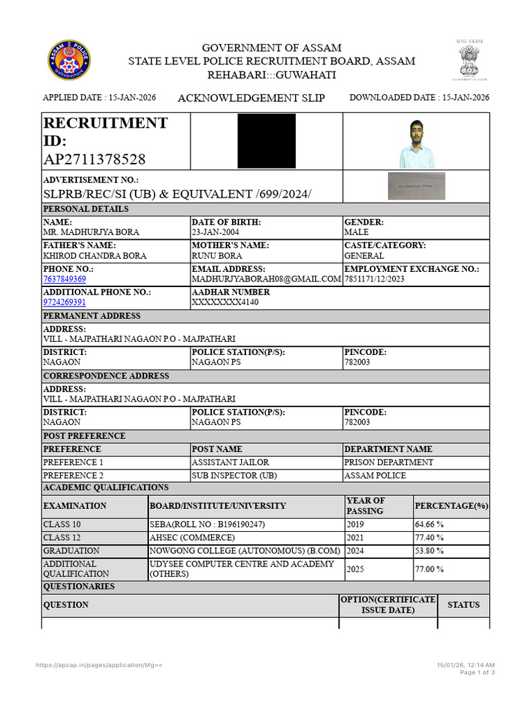 Assam Police Acknowledgement Form-1 | PDF | Academic Degree