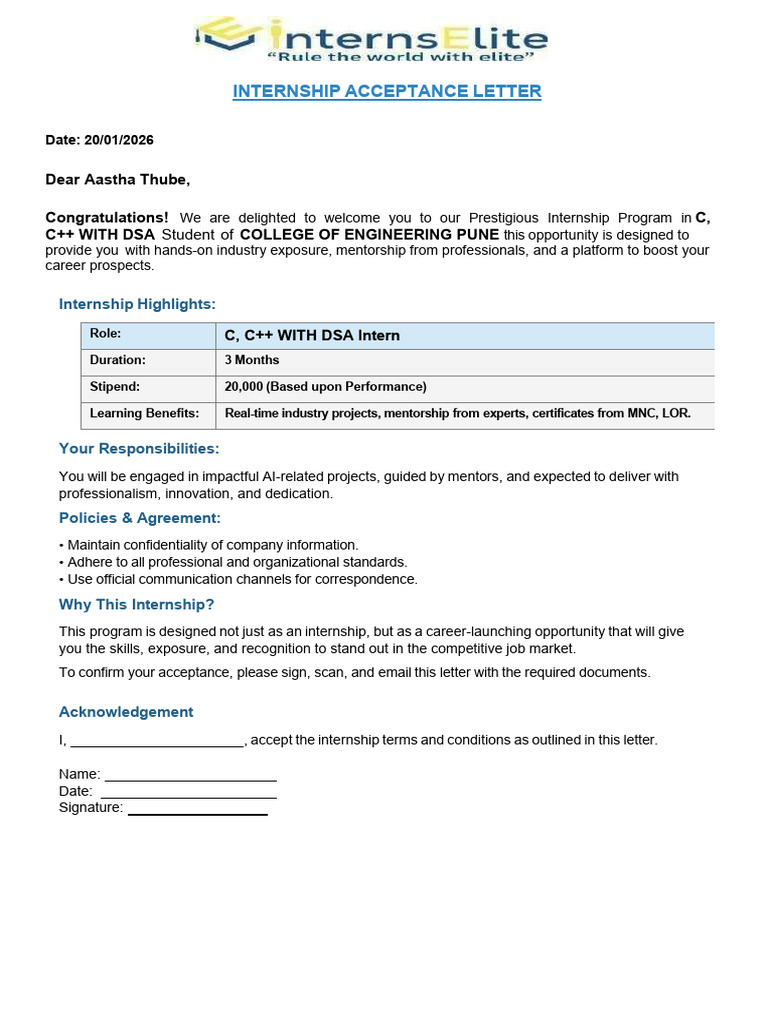 Aastha Thube Internship Offer Letter | PDF
