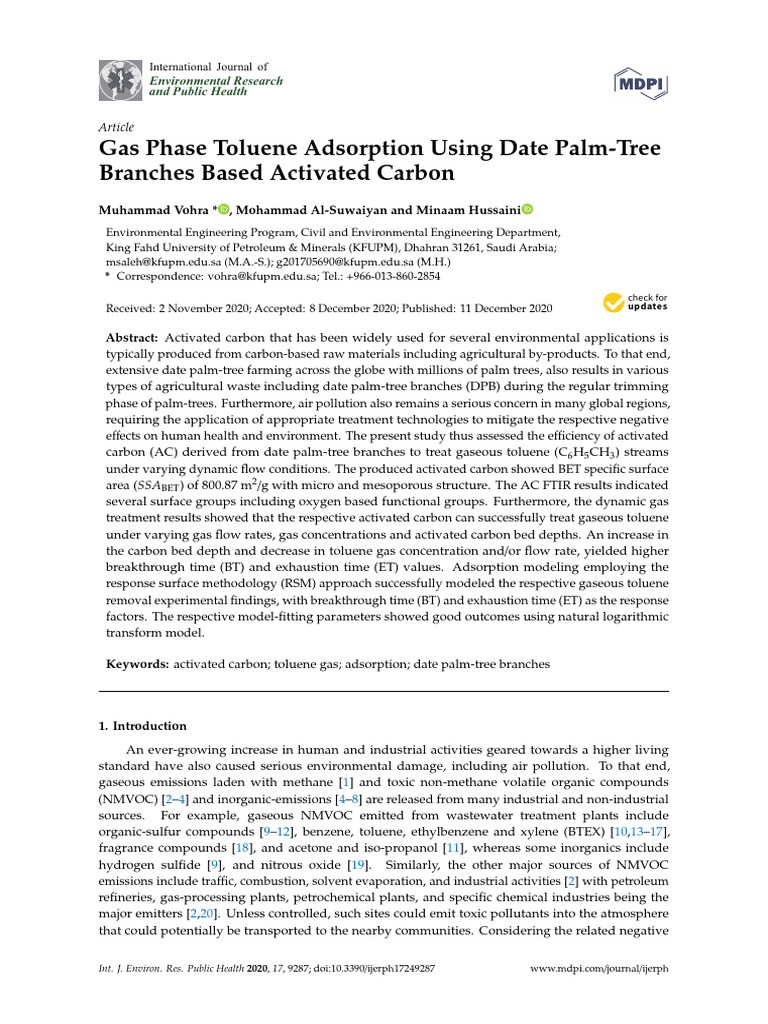 Vohra_Gas Phase Toluene Adsorption Using Date Palm-Tree | PDF ...