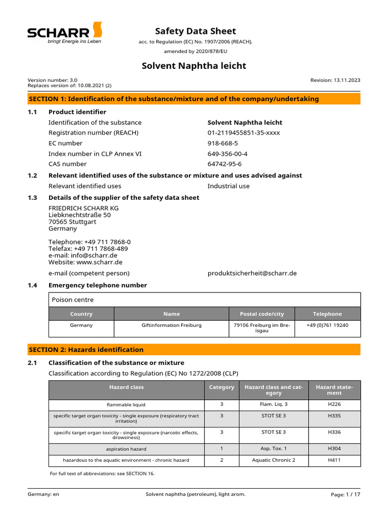 Safety Data Sheet Solvent Naphtha Leicht | PDF | Dangerous Goods ...