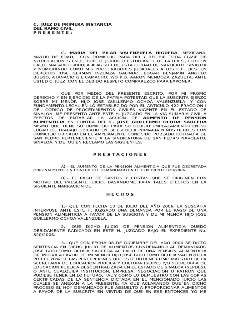 Aumento de Pension Alimenticia | PDF | Pensión alimenticia | Demanda judicial