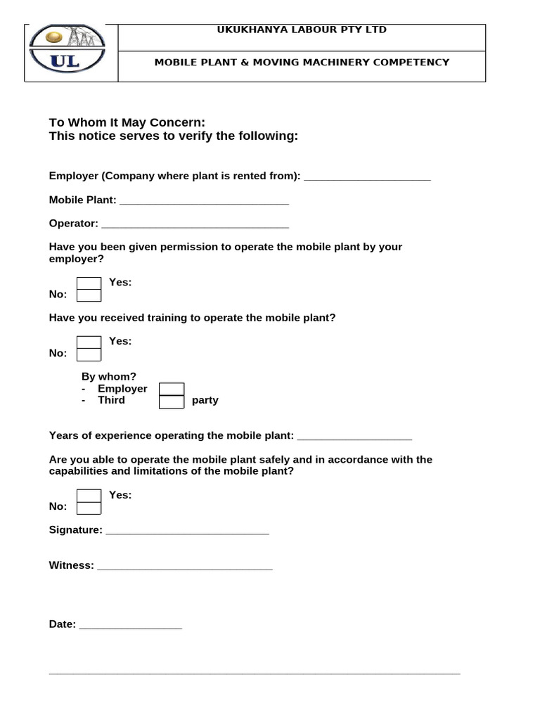 Mobile Plant Operator - Competency | PDF
