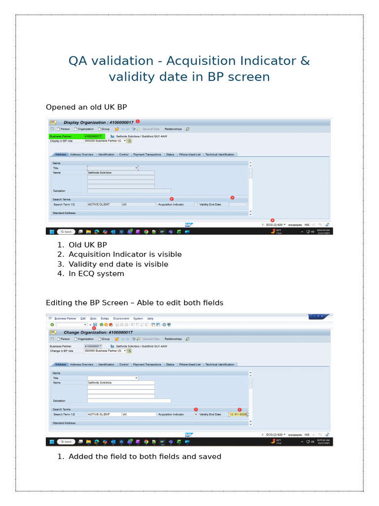 QA Validation - Acquisition Indicator & Validity Date in BP Screen | PDF