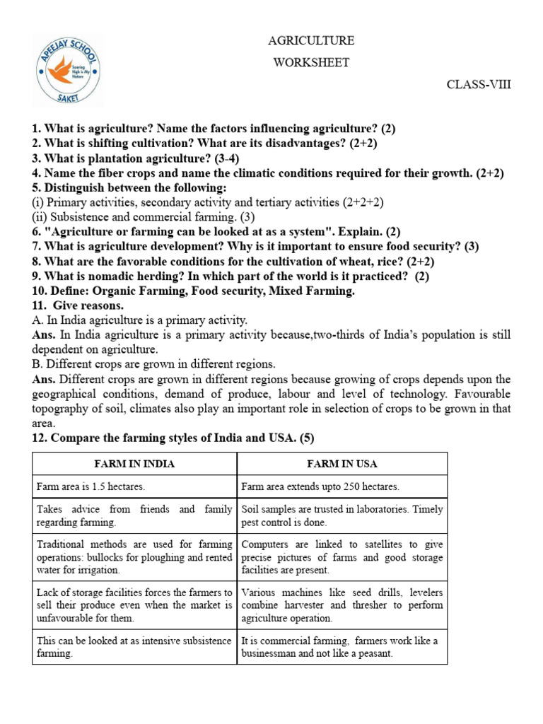 Agriculture Worksheet for Class VIII | PDF | Agriculture | Farms